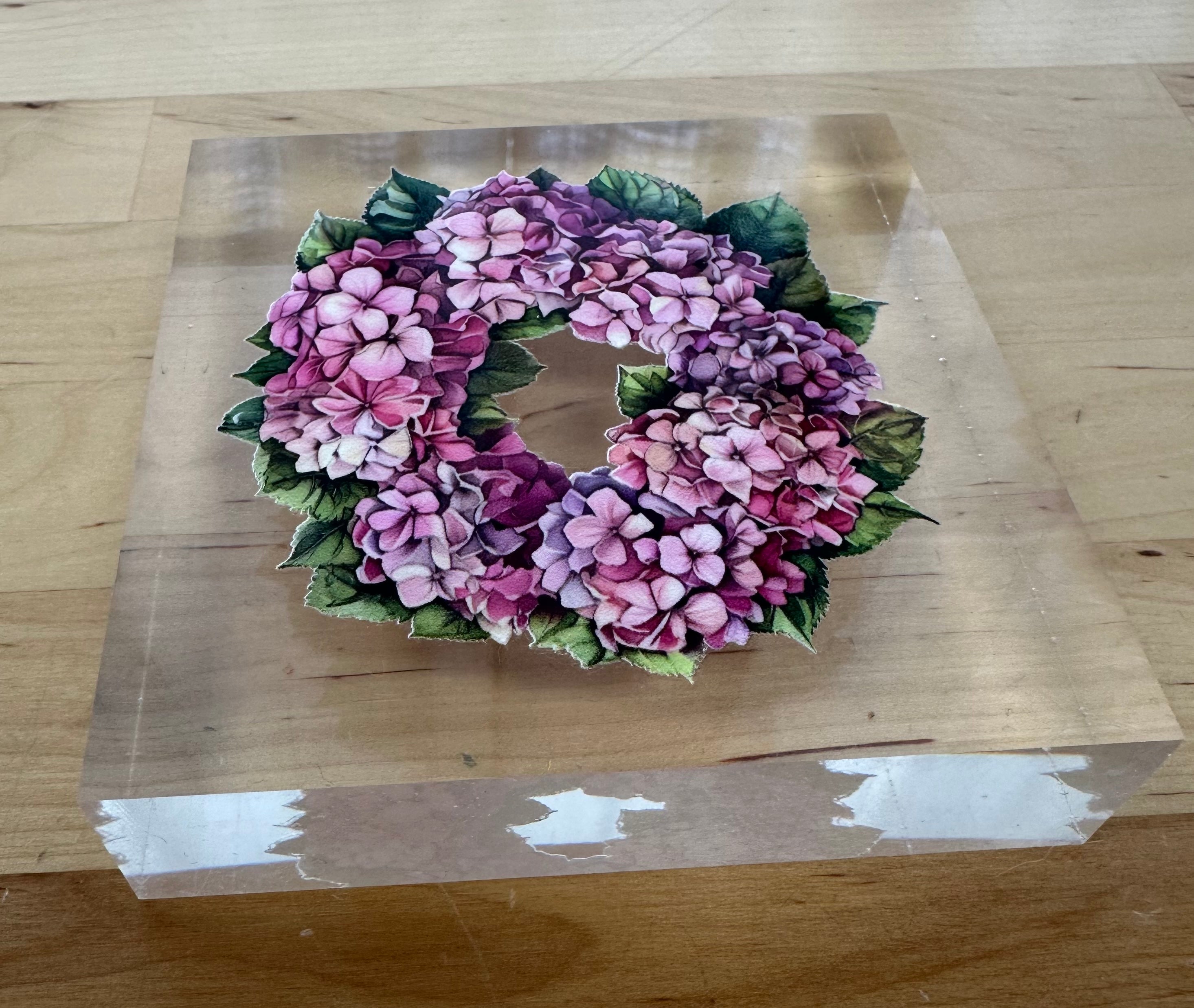 Large Acrylic block with Hydrangea Wreath , 4" x 4" – Celebrate By Lisa Lou